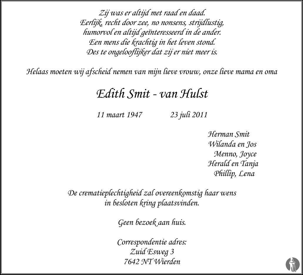 Edith Smit - van Hulst 23-07-2011 overlijdensbericht en condoleances ...
