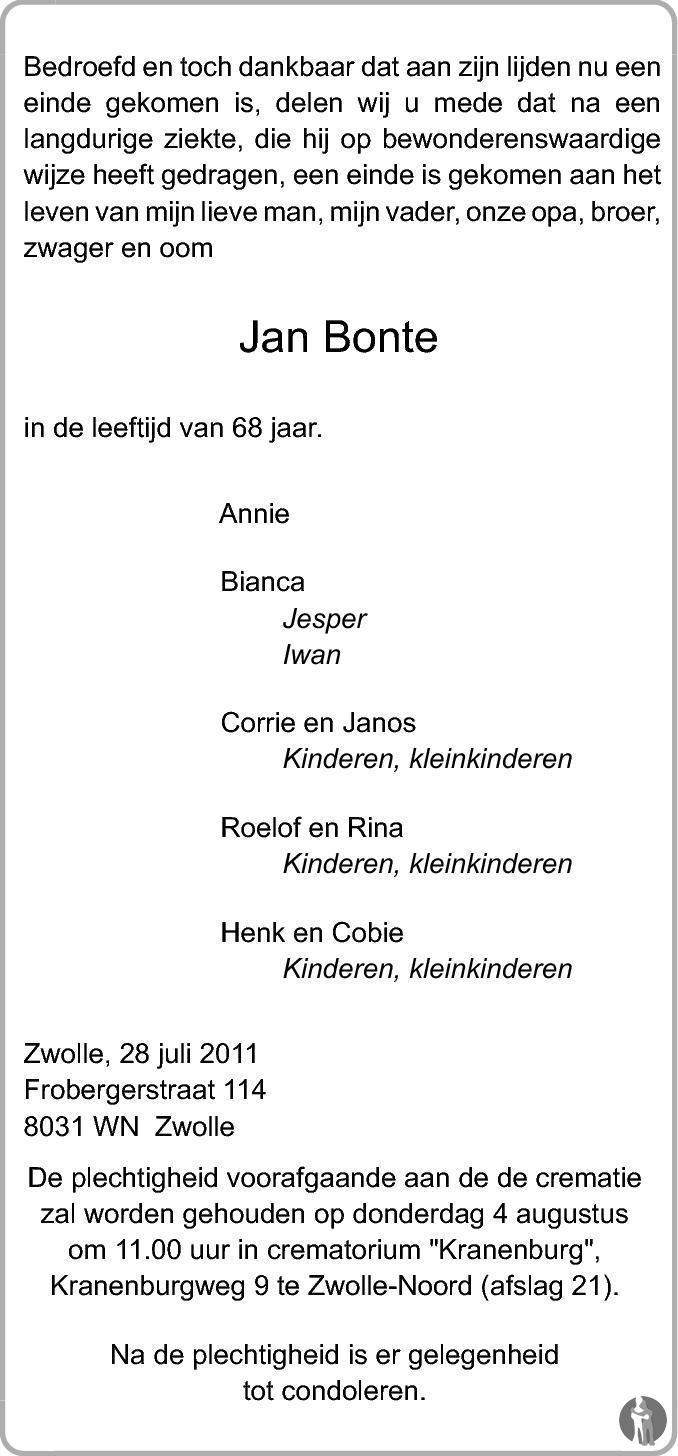 Jan Bonte 28-07-2011 overlijdensbericht en condoleances - Mensenlinq.nl