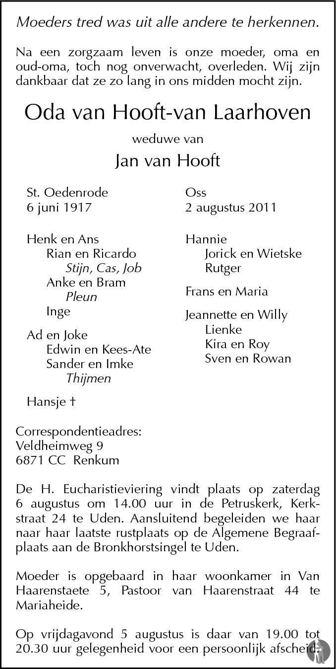 Oda van Hooft - van Laarhoven 02-08-2011 overlijdensbericht en ...