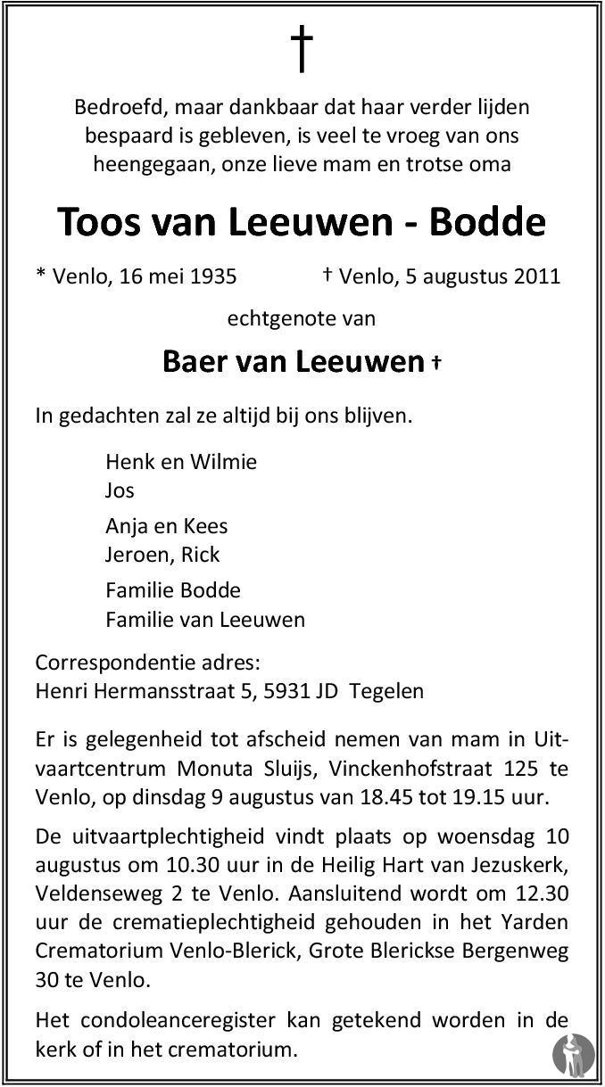 Toos van Leeuwen - Bodde 05-08-2011 overlijdensbericht en condoleances ...