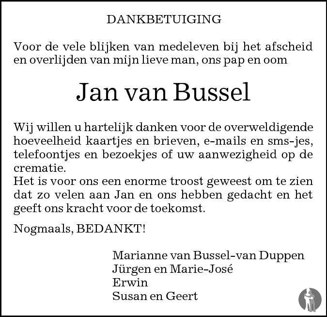 Jan van Bussel 12-07-2011 overlijdensbericht en condoleances ...