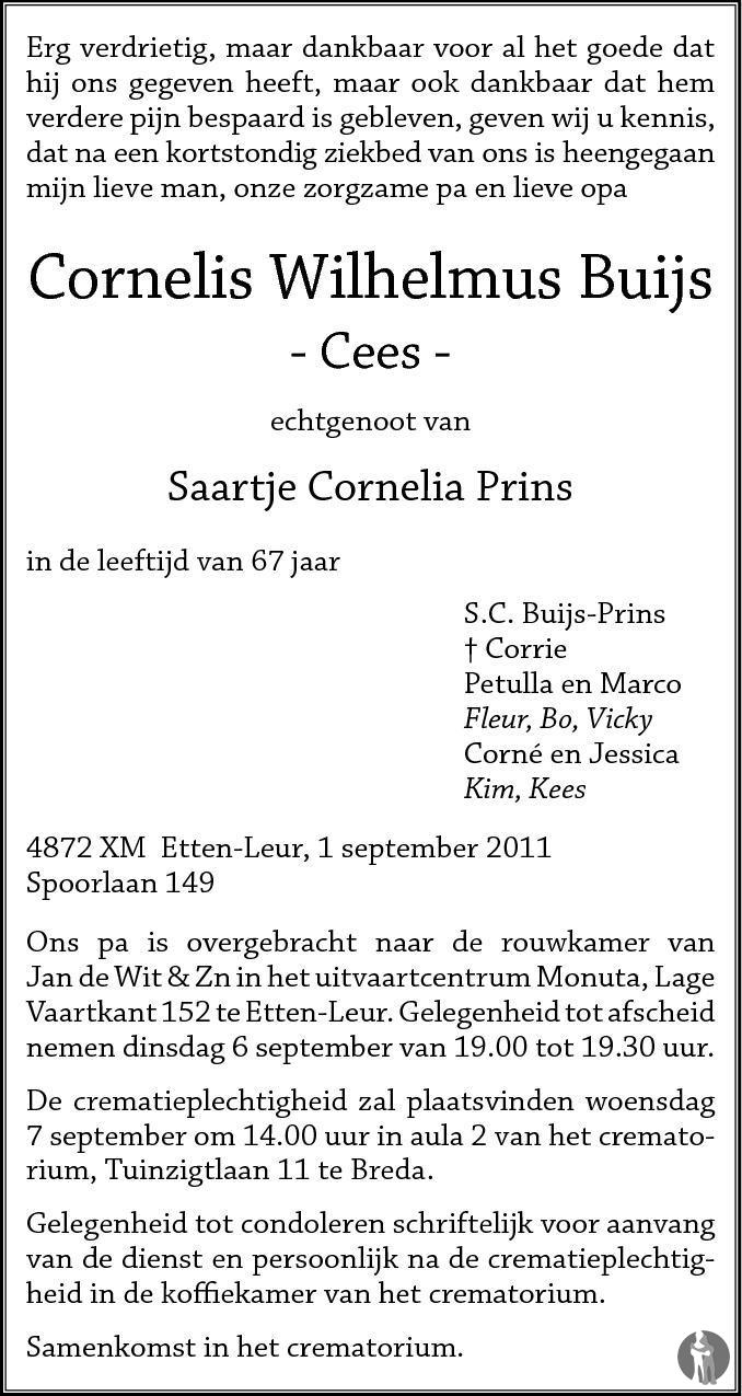 Cornelis Wilhelmus (Cees) Buijs 01-09-2011 overlijdensbericht en ...