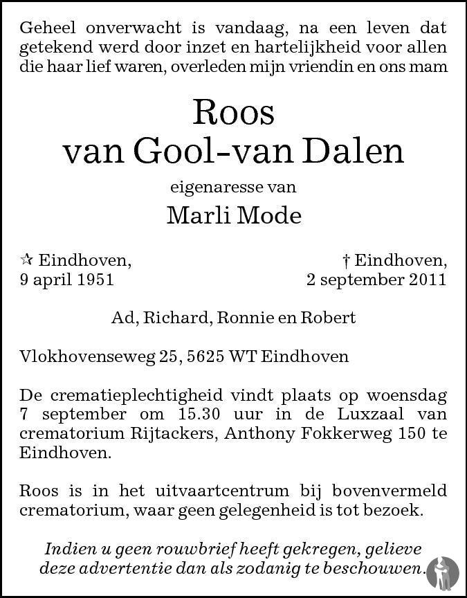 Roos van Gool - van Dalen 02-09-2011 overlijdensbericht en condoleances - Mensenlinq.nl