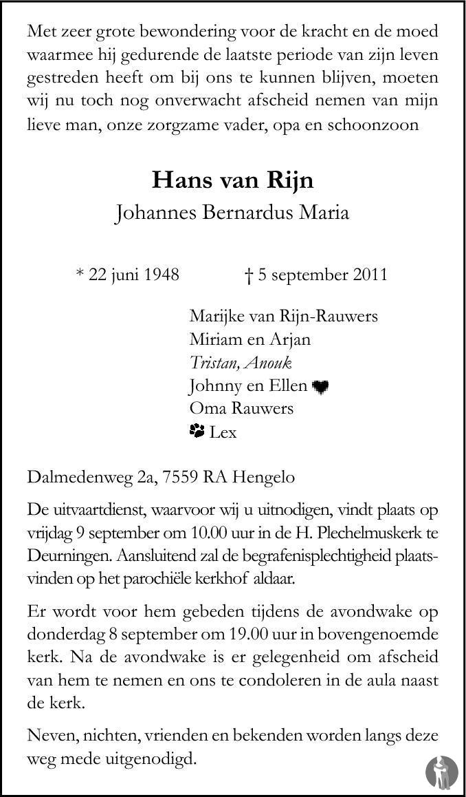 Johannes Bernardus Maria (Hans) van Rijn 05-09-2011 overlijdensbericht ...