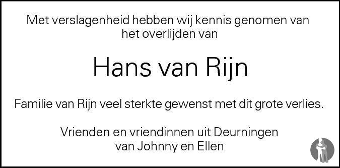 Johannes Bernardus Maria (Hans) van Rijn 05-09-2011 overlijdensbericht ...