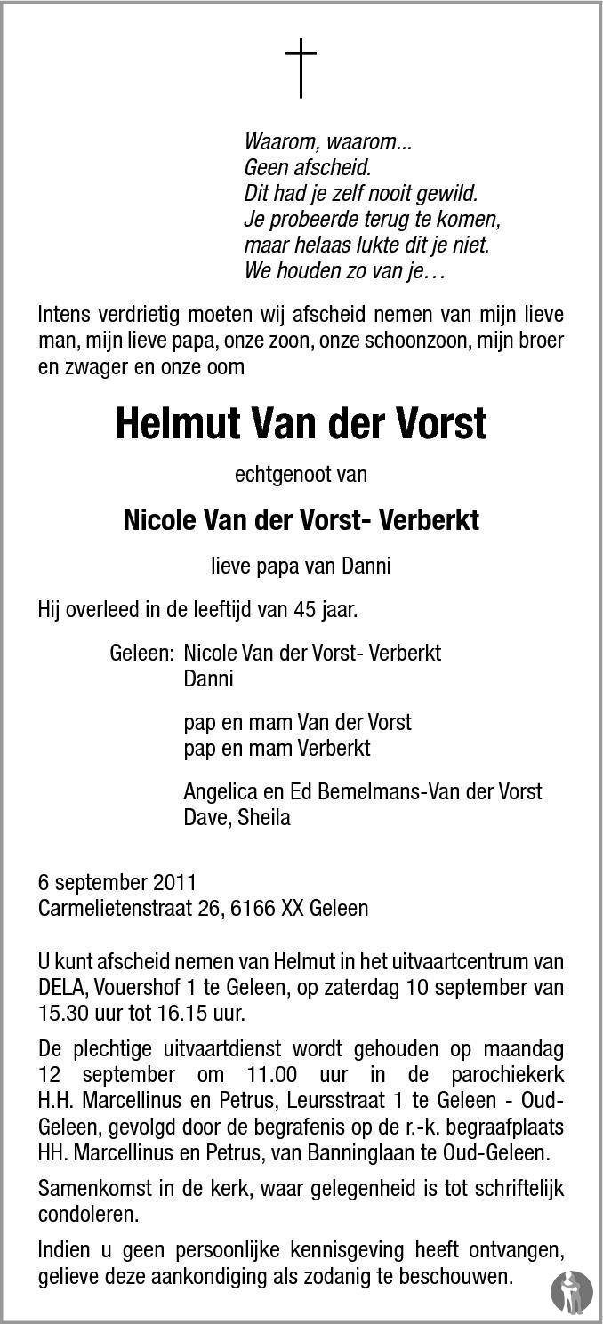 Helmut Van der Vorst 06-09-2011 overlijdensbericht en condoleances ...