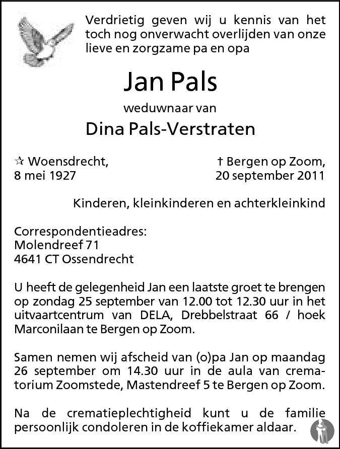 Jan Pals 20-09-2011 overlijdensbericht en condoleances - Mensenlinq.nl