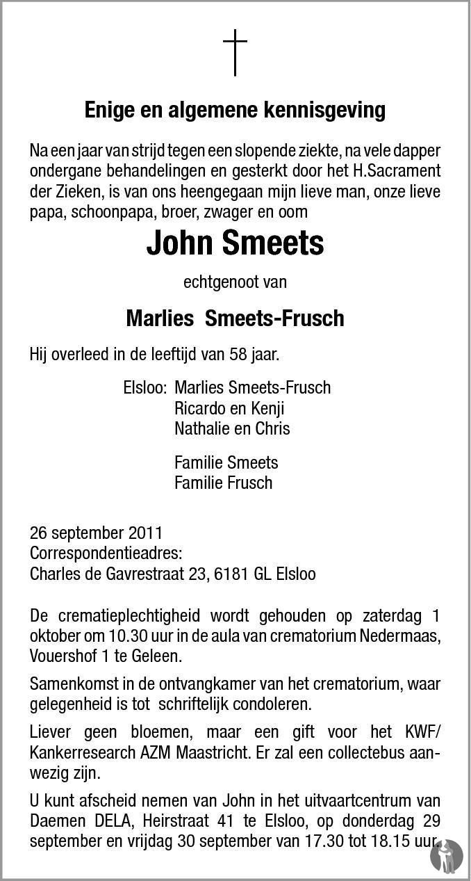 John Smeets 26-09-2011 overlijdensbericht en condoleances - Mensenlinq.nl