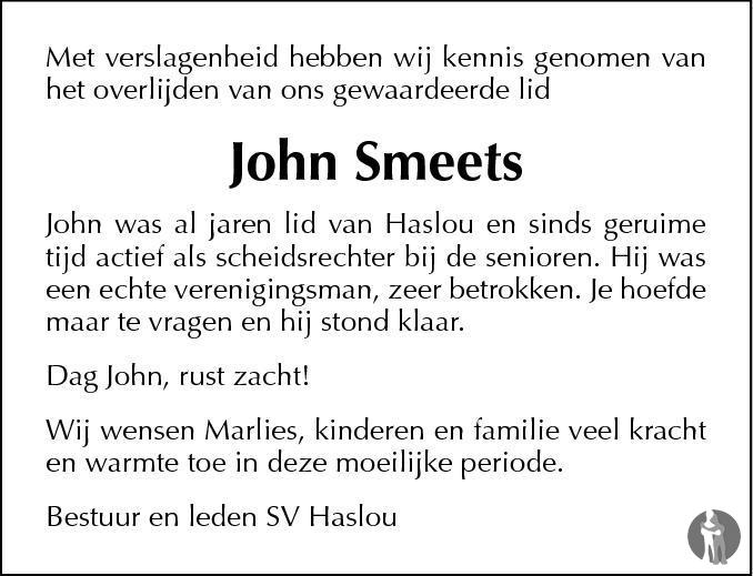 John Smeets 26-09-2011 overlijdensbericht en condoleances - Mensenlinq.nl