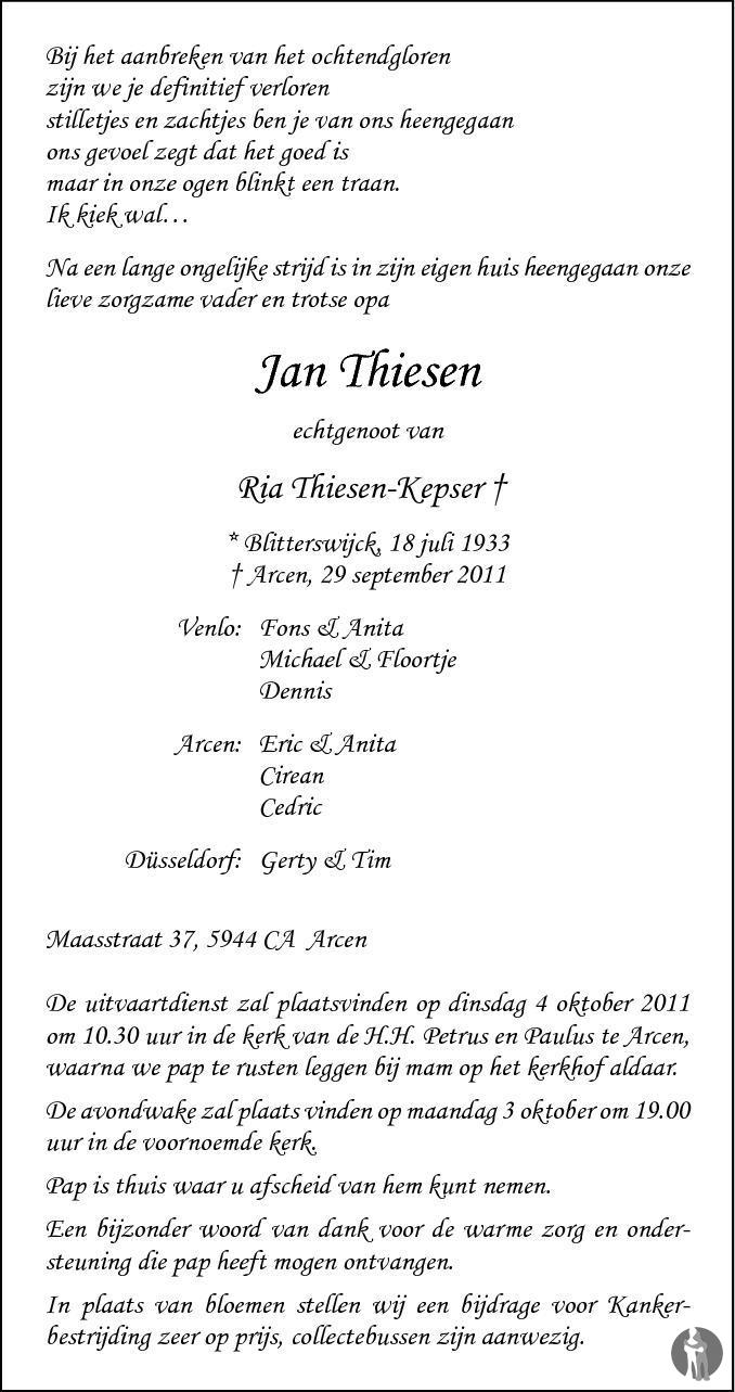 Jan Thiesen 29-09-2011 overlijdensbericht en condoleances - Mensenlinq.nl