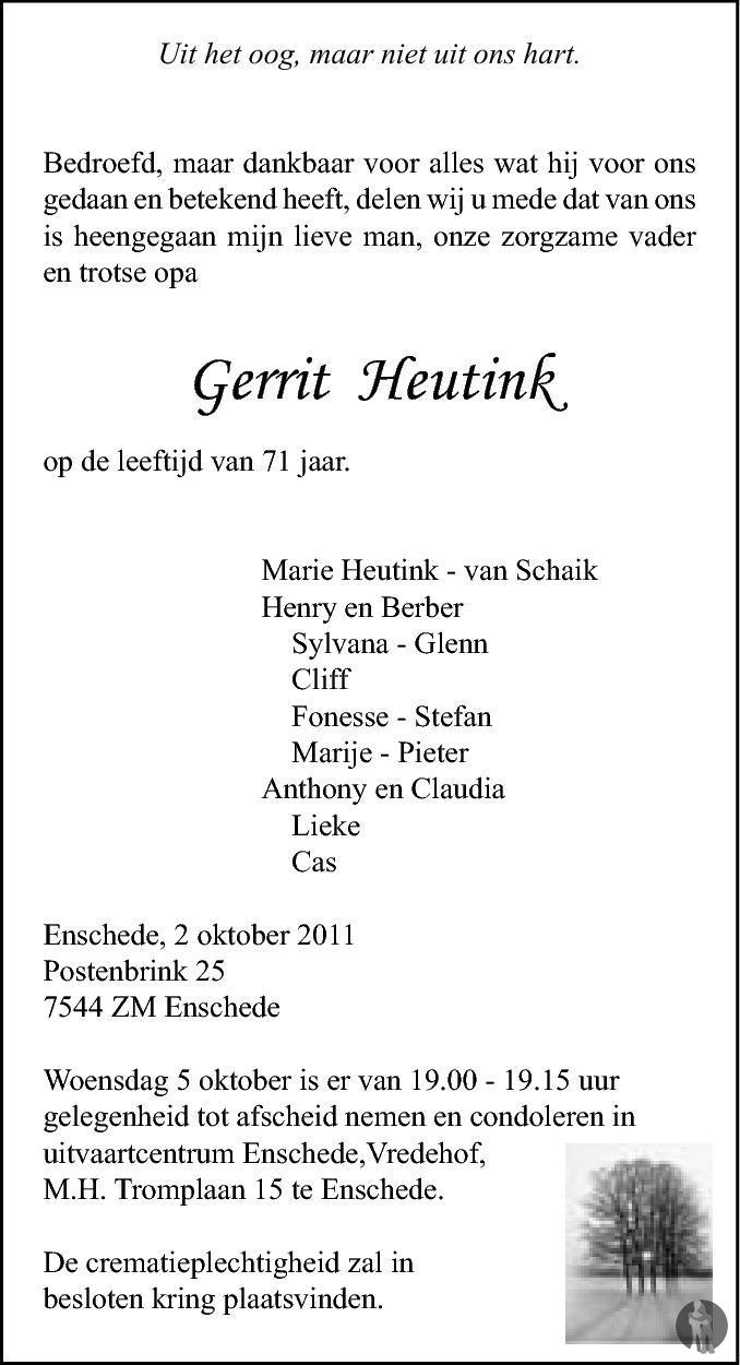 Gerrit Heutink 02-10-2011 overlijdensbericht en condoleances ...
