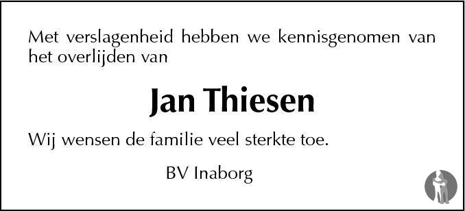 Jan Thiesen 29-09-2011 overlijdensbericht en condoleances - Mensenlinq.nl