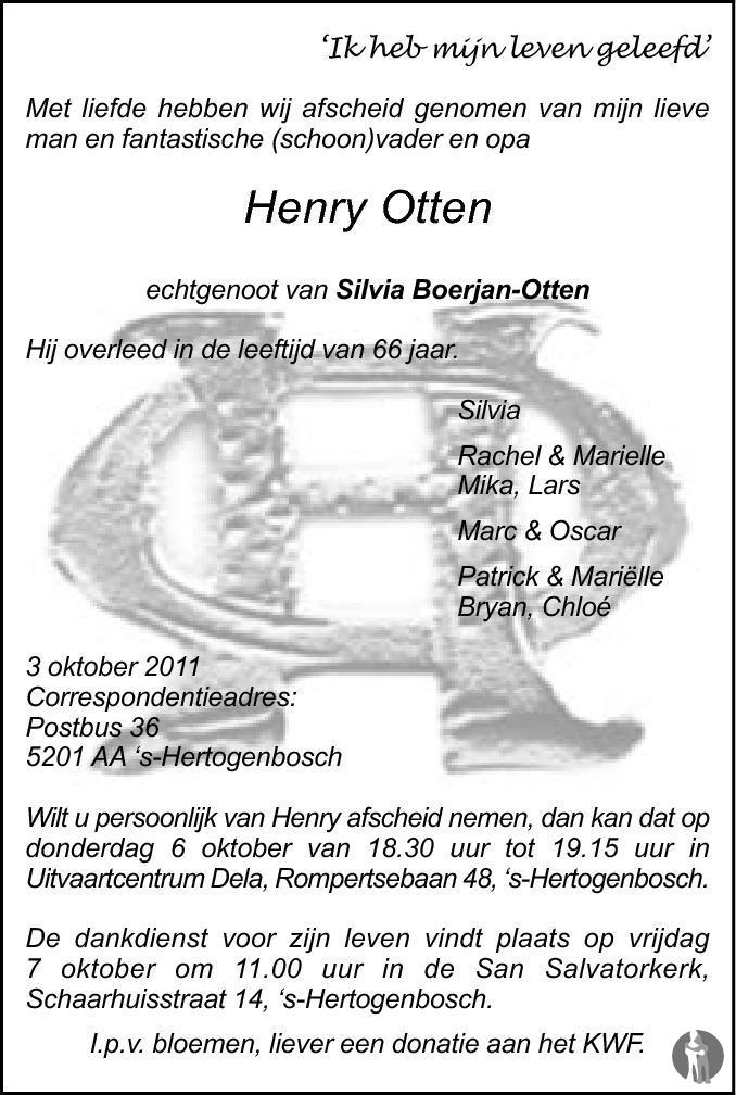 Henry Otten 03-10-2011 overlijdensbericht en condoleances - Mensenlinq.nl