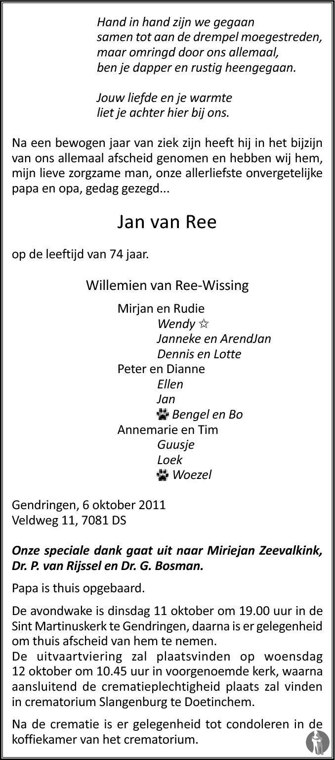 Jan van Ree 06-10-2011 overlijdensbericht en condoleances - Mensenlinq.nl
