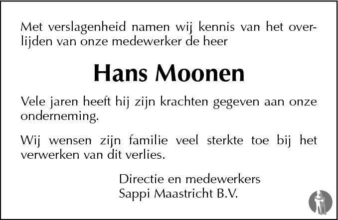 Hans Moonen 07-10-2011 overlijdensbericht en condoleances - Mensenlinq.nl