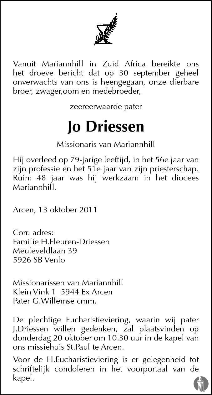 Jo Driessen 30-09-2011 overlijdensbericht en condoleances - Mensenlinq.nl
