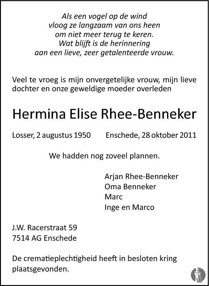Hermina Elise Rhee - Benneker 28-10-2011 overlijdensbericht en ...