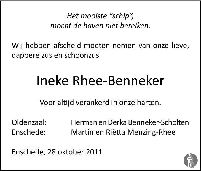 Hermina Elise Rhee - Benneker 28-10-2011 overlijdensbericht en ...