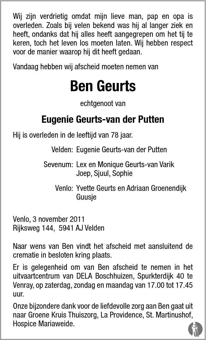 Ben Geurts 03-11-2011 overlijdensbericht en condoleances - Mensenlinq.nl