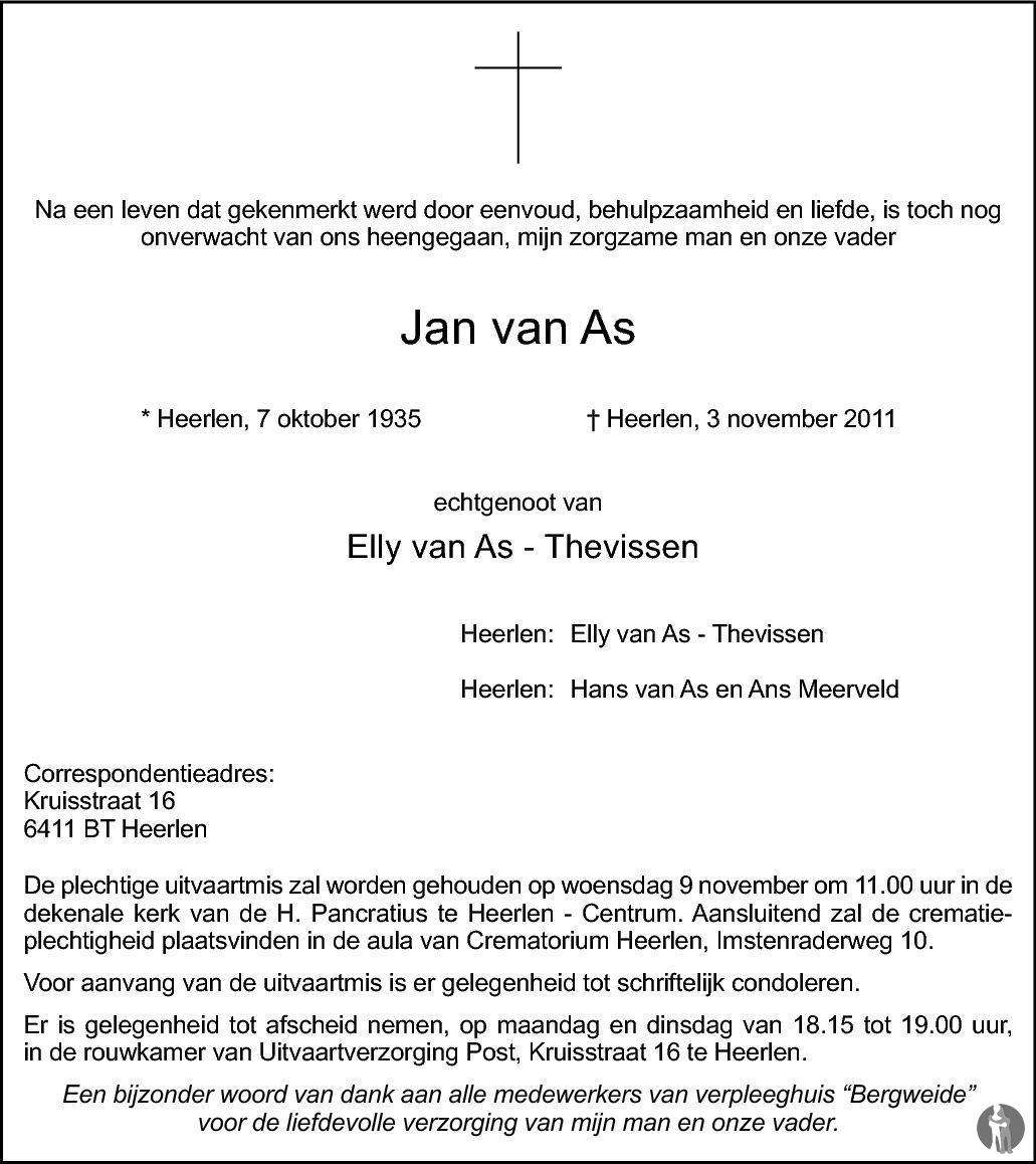 Jan van As 03-11-2011 overlijdensbericht en condoleances - Mensenlinq.nl