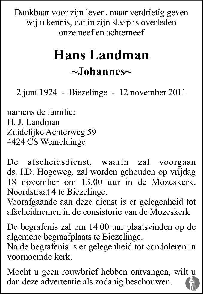 Johannes (Hans) Landman 12-11-2011 overlijdensbericht en condoleances ...
