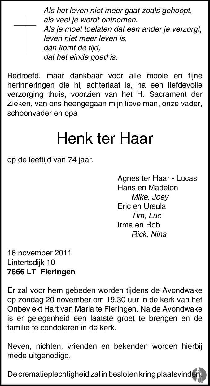 Henk ter Haar 16-11-2011 overlijdensbericht en condoleances - Mensenlinq.nl