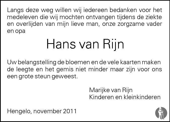 Johannes Bernardus Maria (Hans) van Rijn 05-09-2011 overlijdensbericht ...