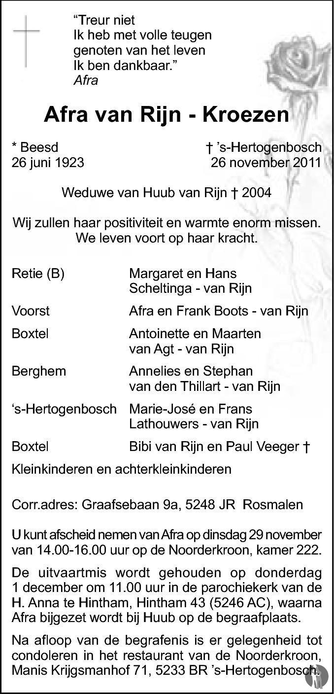 Afra van Rijn - Kroezen 26-11-2011 overlijdensbericht en condoleances ...