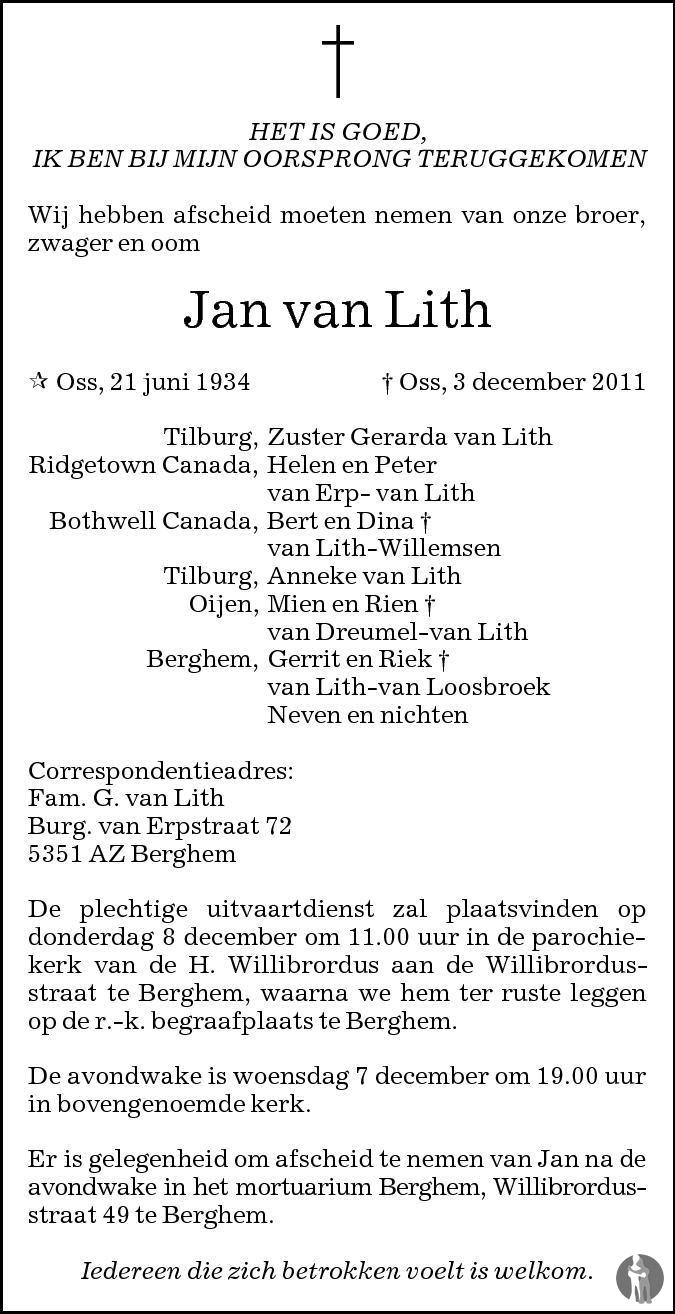 Jan van Lith 03-12-2011 overlijdensbericht en condoleances - Mensenlinq.nl