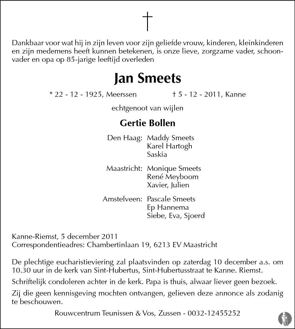 Jan Smeets 05-12-2011 overlijdensbericht en condoleances - Mensenlinq.nl