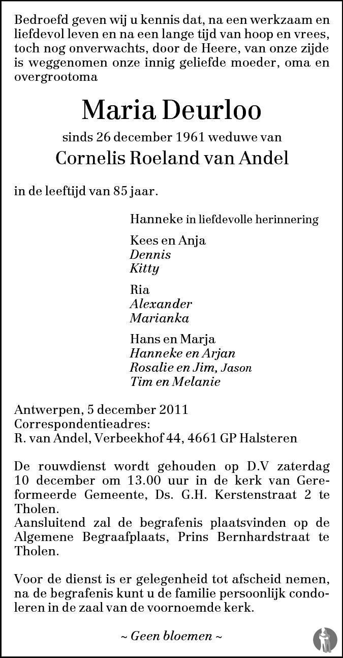 Maria van Andel - Deurloo 05-12-2011 overlijdensbericht en condoleances ...