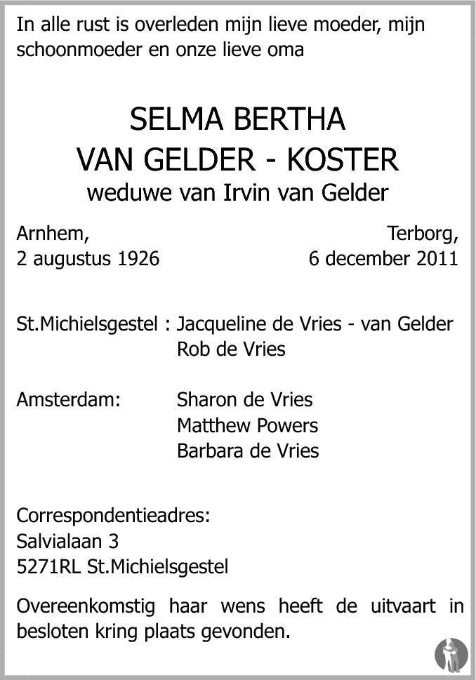 Selma Bertha van Gelder - Koster 06-12-2011 overlijdensbericht en ...