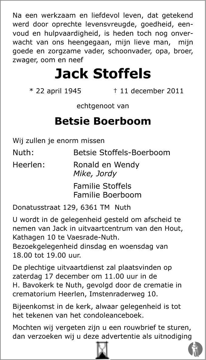 Jack Stoffels 11-12-2011 overlijdensbericht en condoleances - Mensenlinq.nl