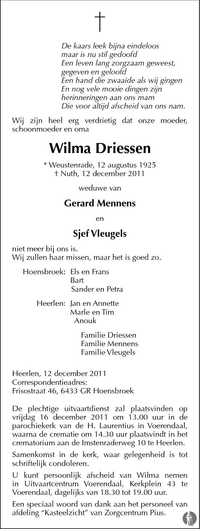 Wilma Driessen 12-12-2011 overlijdensbericht en condoleances ...
