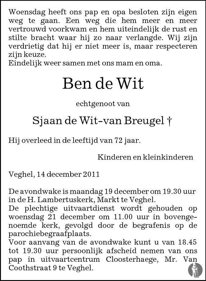 Ben de Wit 14-12-2011 overlijdensbericht en condoleances - Mensenlinq.nl