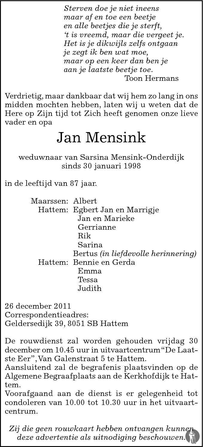 Jan Mensink 26-12-2011 overlijdensbericht en condoleances - Mensenlinq.nl