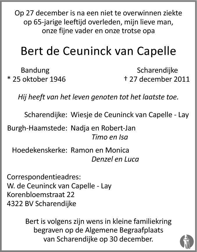 Bert De Ceuninck Van Capelle 27 12 2011 Overlijdensbericht En Condoleances Mensenlinq Nl