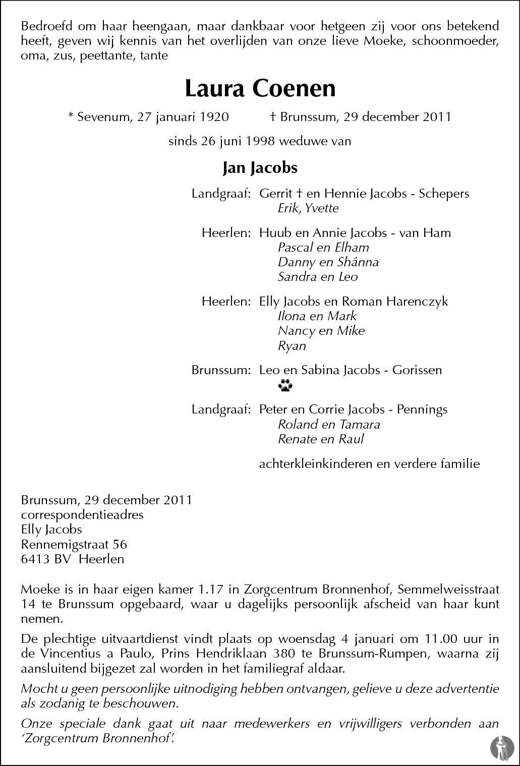 Laura Jacobs - Coenen 29-12-2011 overlijdensbericht en condoleances ...