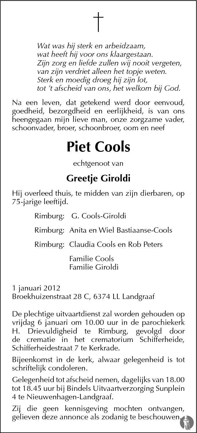 Piet Cools 01-01-2012 overlijdensbericht en condoleances - Mensenlinq.nl
