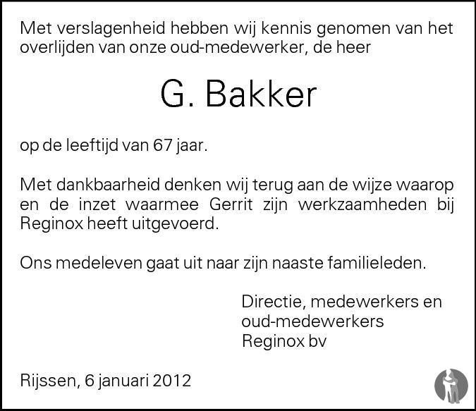 Gerrit Bakker 06-01-2012 overlijdensbericht en condoleances - Mensenlinq.nl
