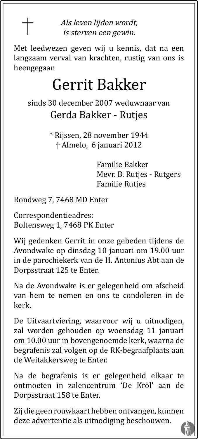 Gerrit Bakker 06-01-2012 overlijdensbericht en condoleances - Mensenlinq.nl