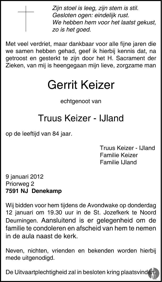 Gerrit Keizer 09-01-2012 overlijdensbericht en condoleances - Mensenlinq.nl