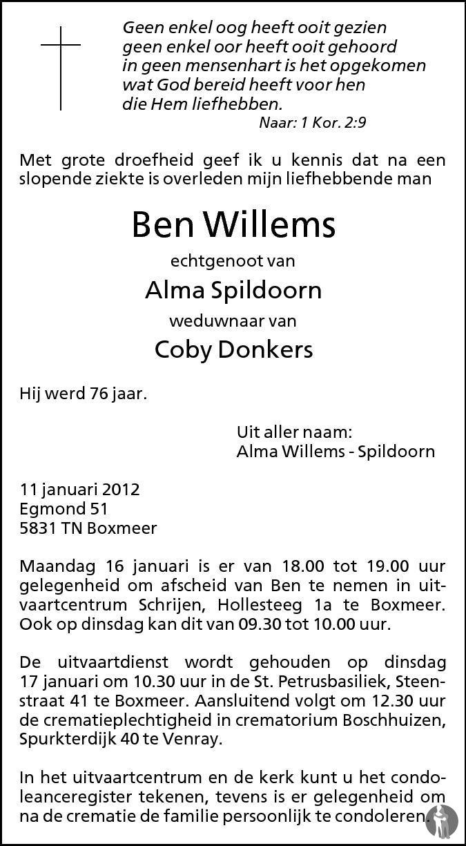 Ben Willems 11-01-2012 overlijdensbericht en condoleances - Mensenlinq.nl