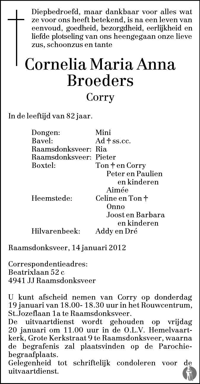 Cornelia Maria Anna (Corry) Broeders 14-01-2012 overlijdensbericht en ...