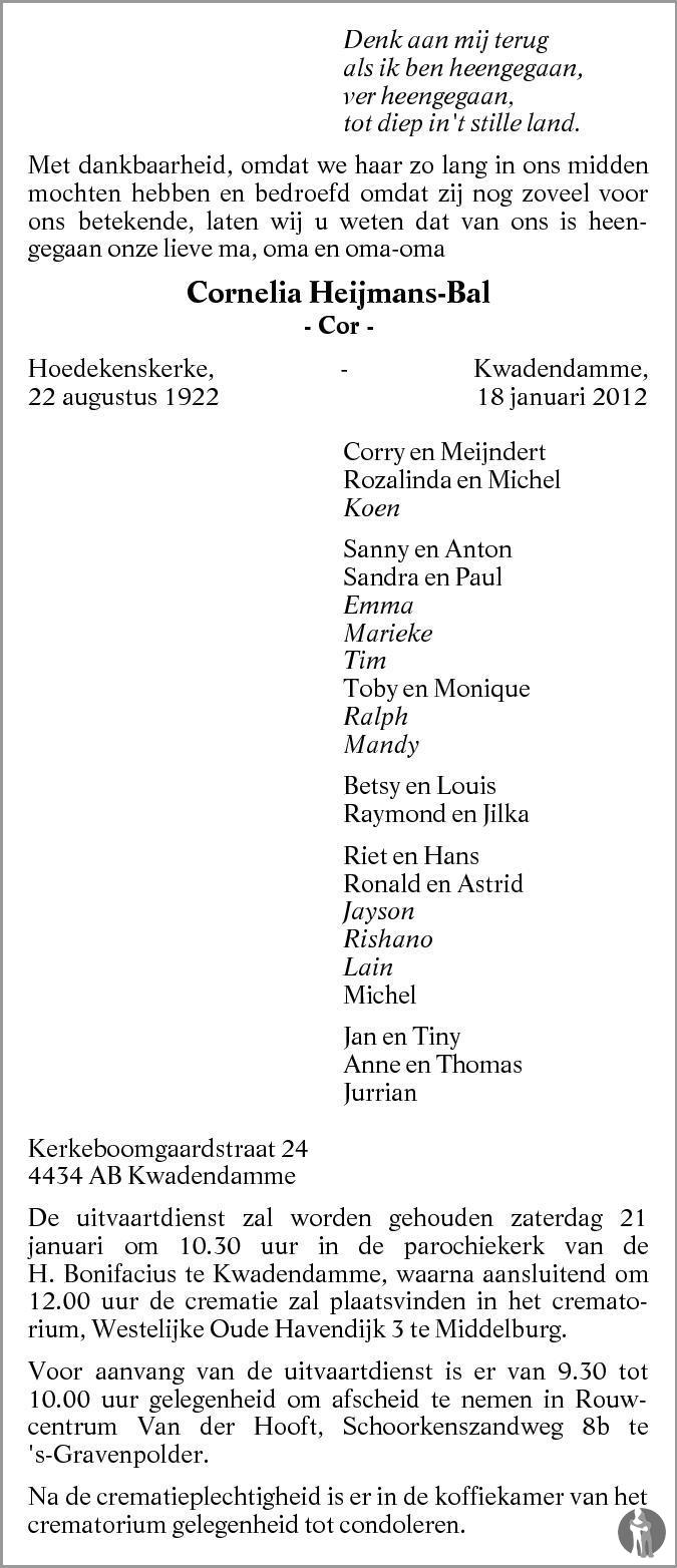 Cornelia (Cor) Heijmans - Bal 18-01-2012 overlijdensbericht en ...