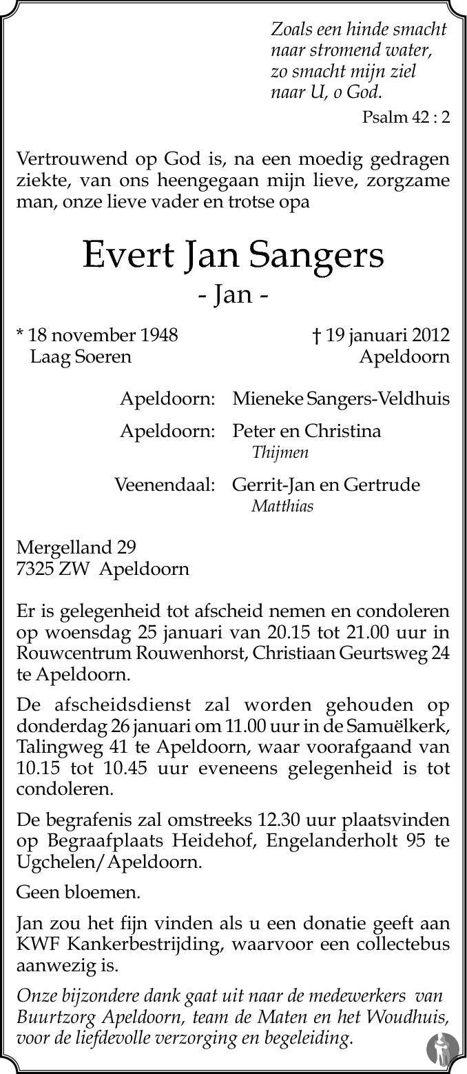 Evert Jan (Jan) Sangers 19-01-2012 overlijdensbericht en condoleances ...
