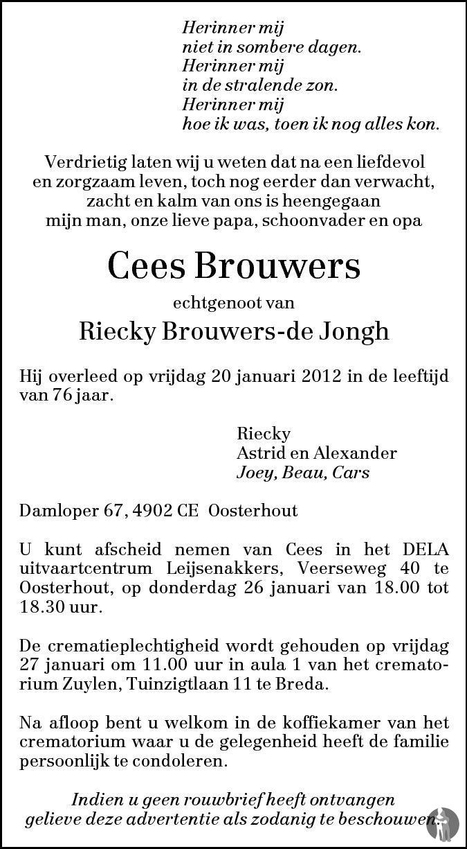 Cees Brouwers 20-01-2012 overlijdensbericht en condoleances - Mensenlinq.nl