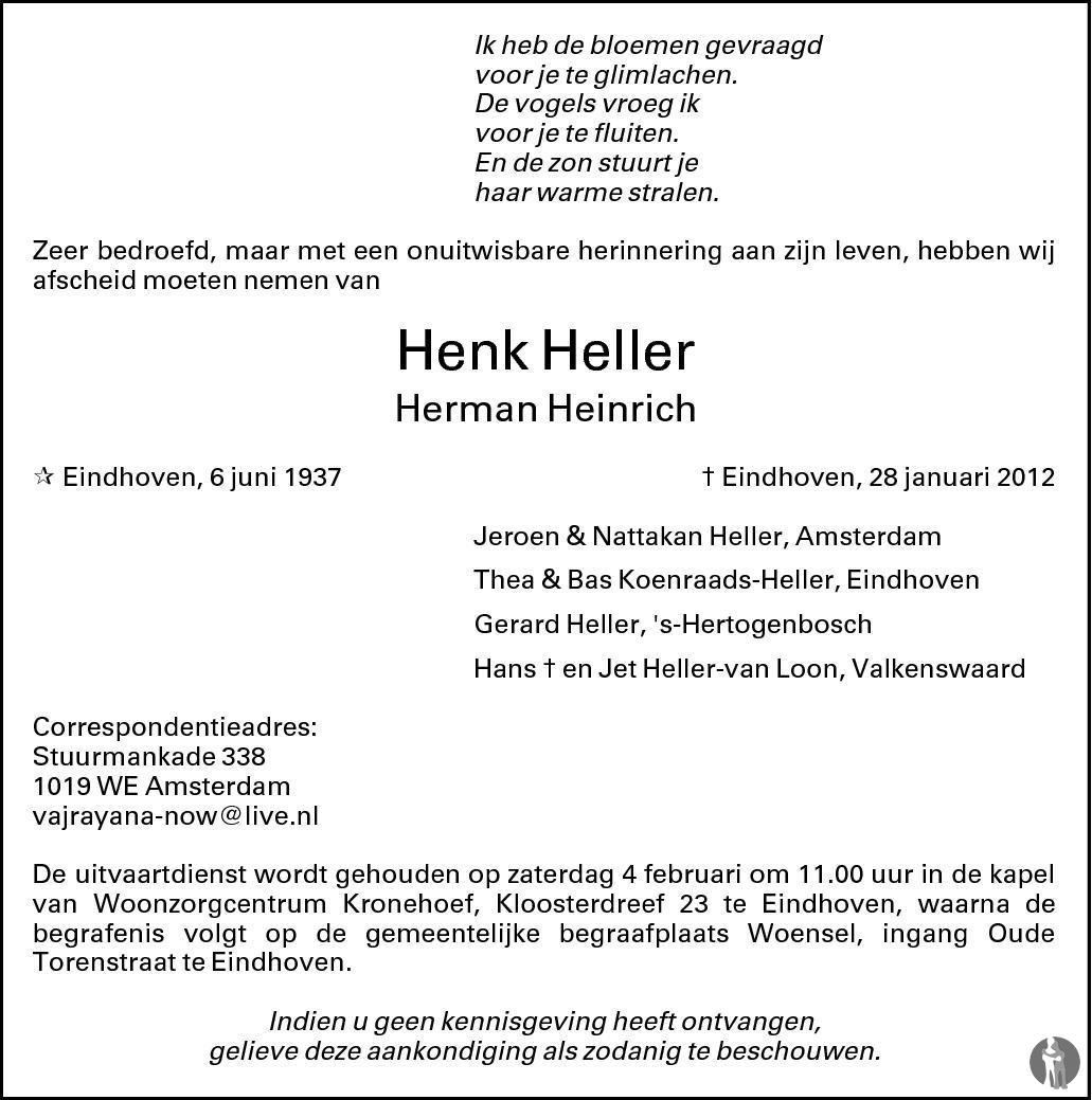 Herman Heinrich (Henk) Heller 28-01-2012 overlijdensbericht en ...
