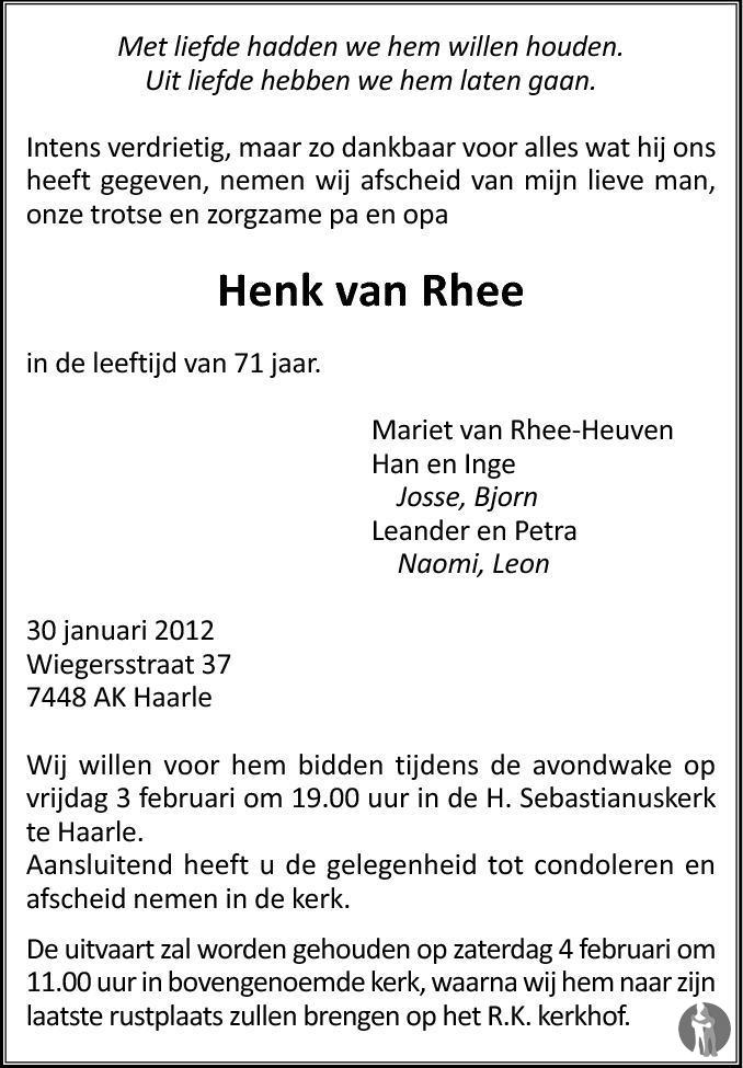 Henk van Rhee 30-01-2012 overlijdensbericht en condoleances - Mensenlinq.nl