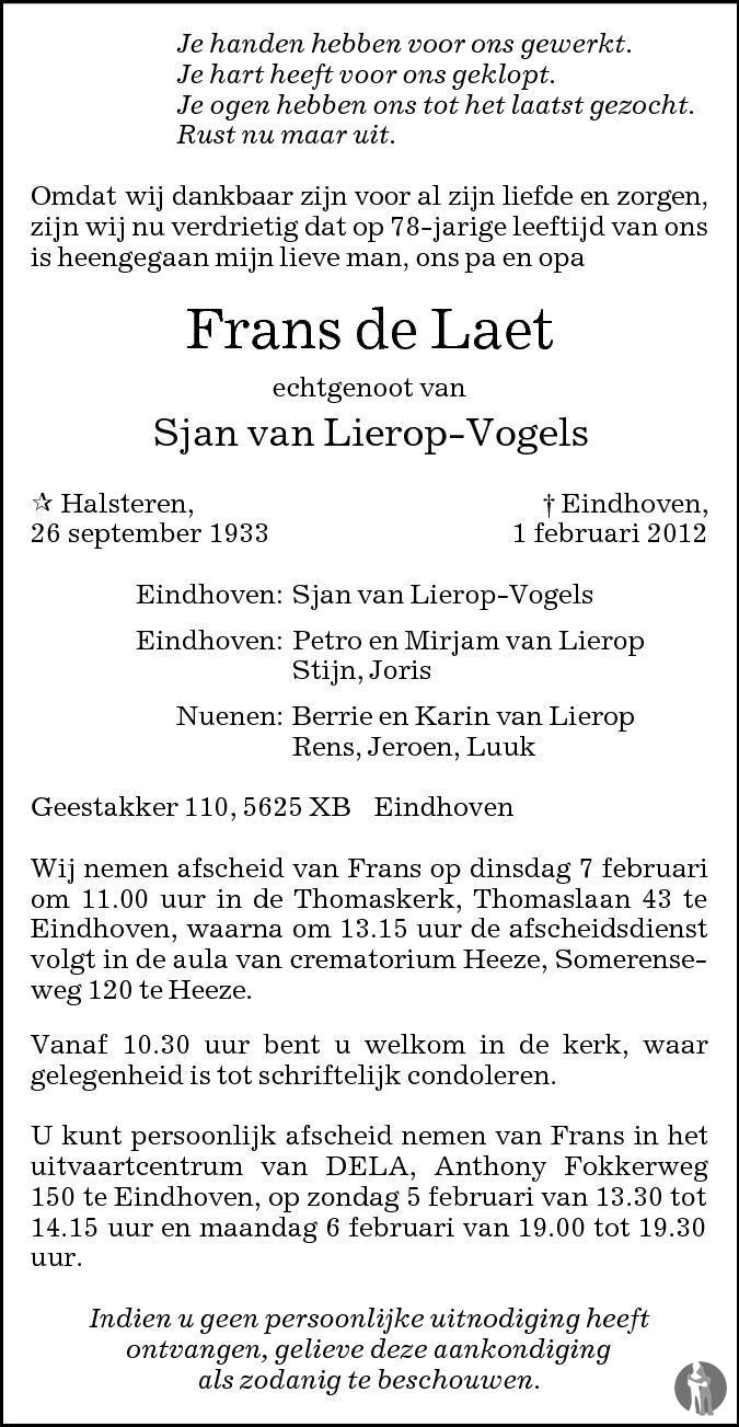 Frans de Laet 01-02-2012 overlijdensbericht en condoleances - Mensenlinq.nl